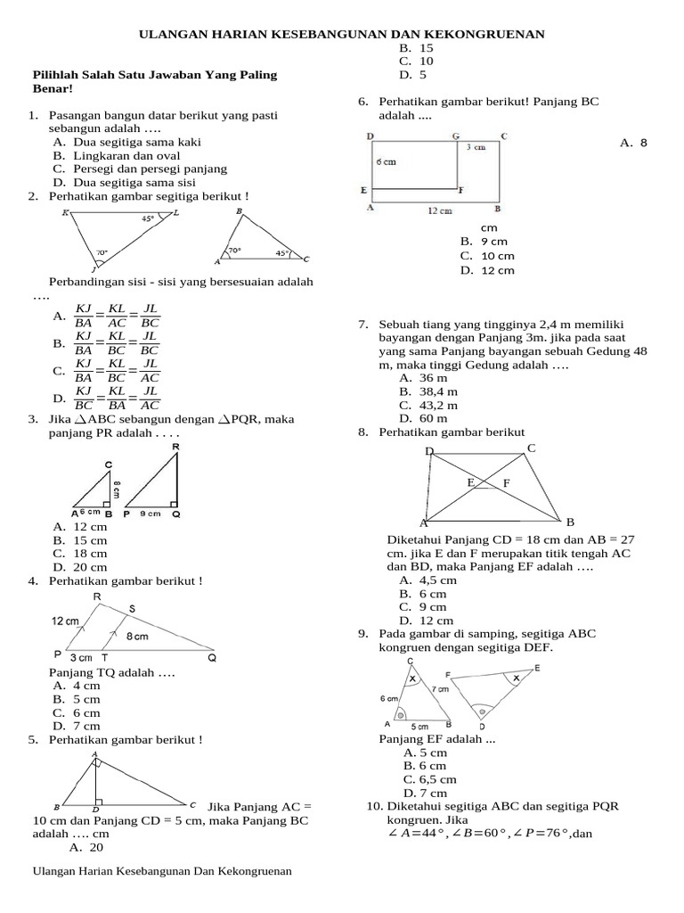 Soal Kesebangunan Dan Kekongruenan Kelas | PDF