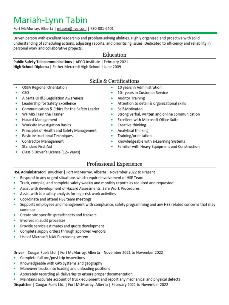 Mariah-Lynn Tabin - Resume 2024 | PDF