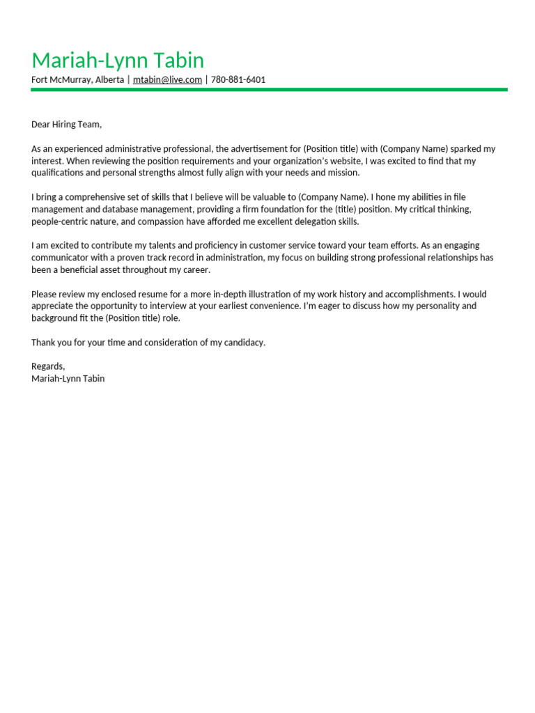 Mariah-Lynn Tabin - Cover Letter - Administrative | PDF