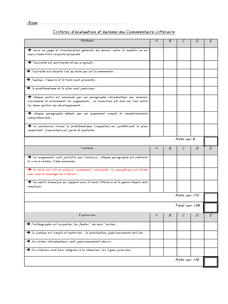 Grille D'évaluation Du Commentaire Littéraire 2023 | PDF