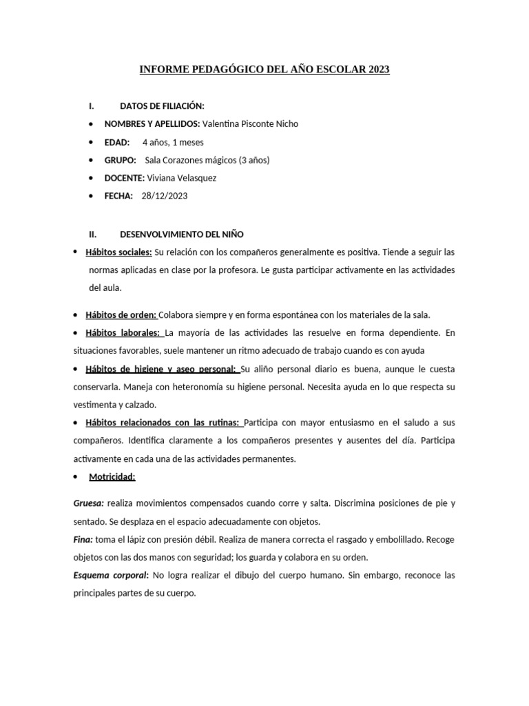 Informe Pedagógico Del Año Escolar 2023 | PDF