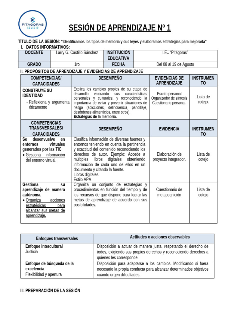SESIÓN 1 - II BIM - 1ro Sec DPCC | PDF | Memoria | Relaciones personales, crianza y desarrollo ...
