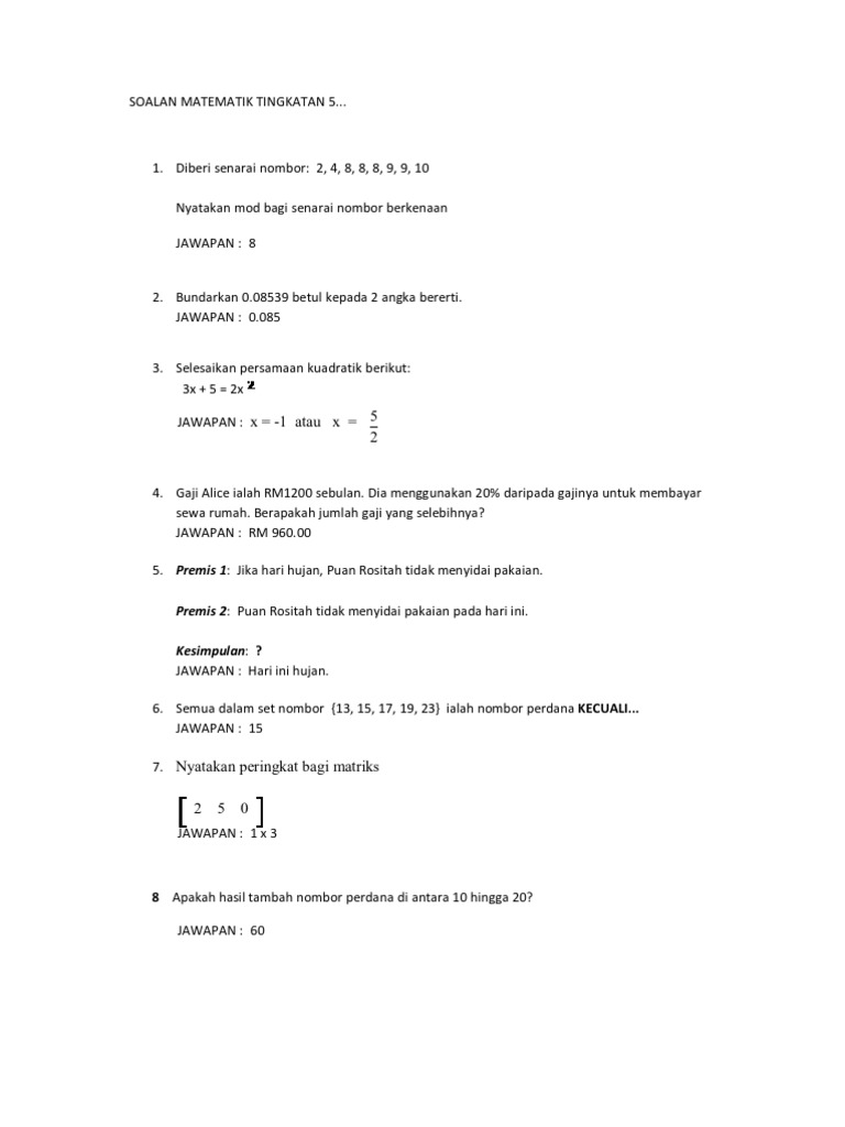 Kuiz Form 5 Math | PDF