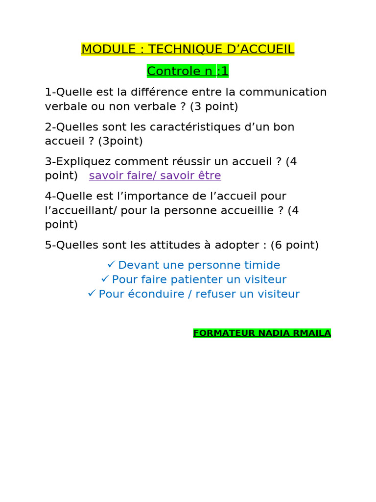 Controle N 1 Technique D'accueil | PDF