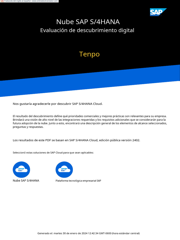 S4HC Digital Discovery Assessment Results - Tenpo - En.es | PDF
