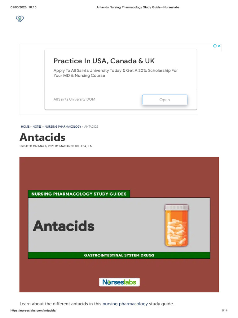 Antacids Nursing Pharmacology Study Guide - Nurseslabs | PDF