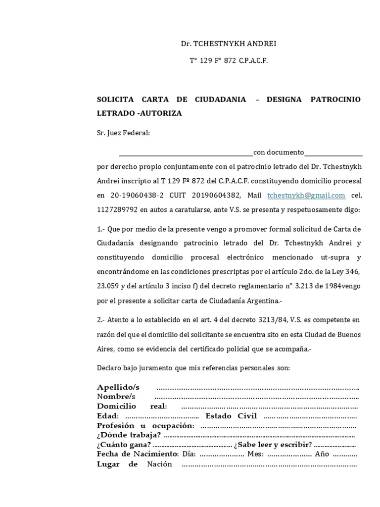 Solicita Carta de Ciudadania Designa Patrocinio Letrado - Autoriza | PDF