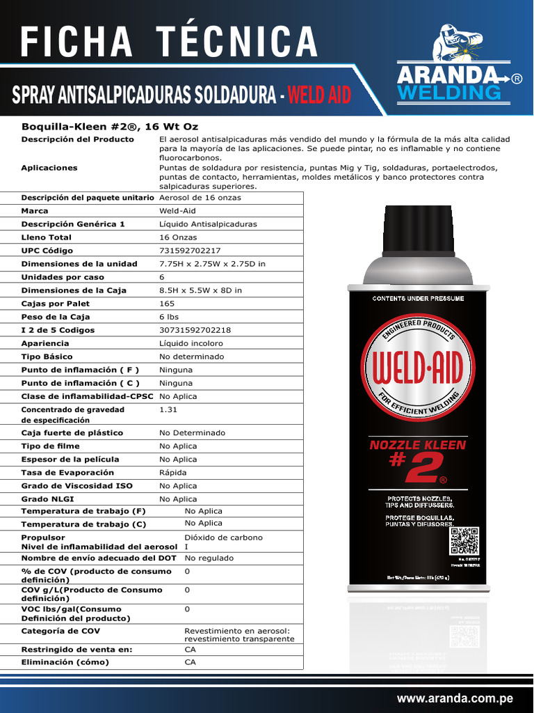 Ficha Tecnica Spray Antisalpicaduras Soldadura - Weld Aid | PDF