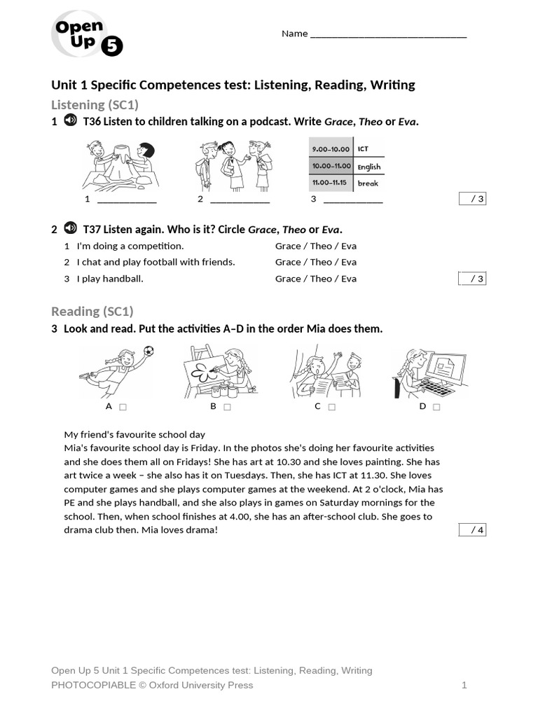 Open Up 5 Unit 1 Competences Test | PDF | Language Arts & Discipline