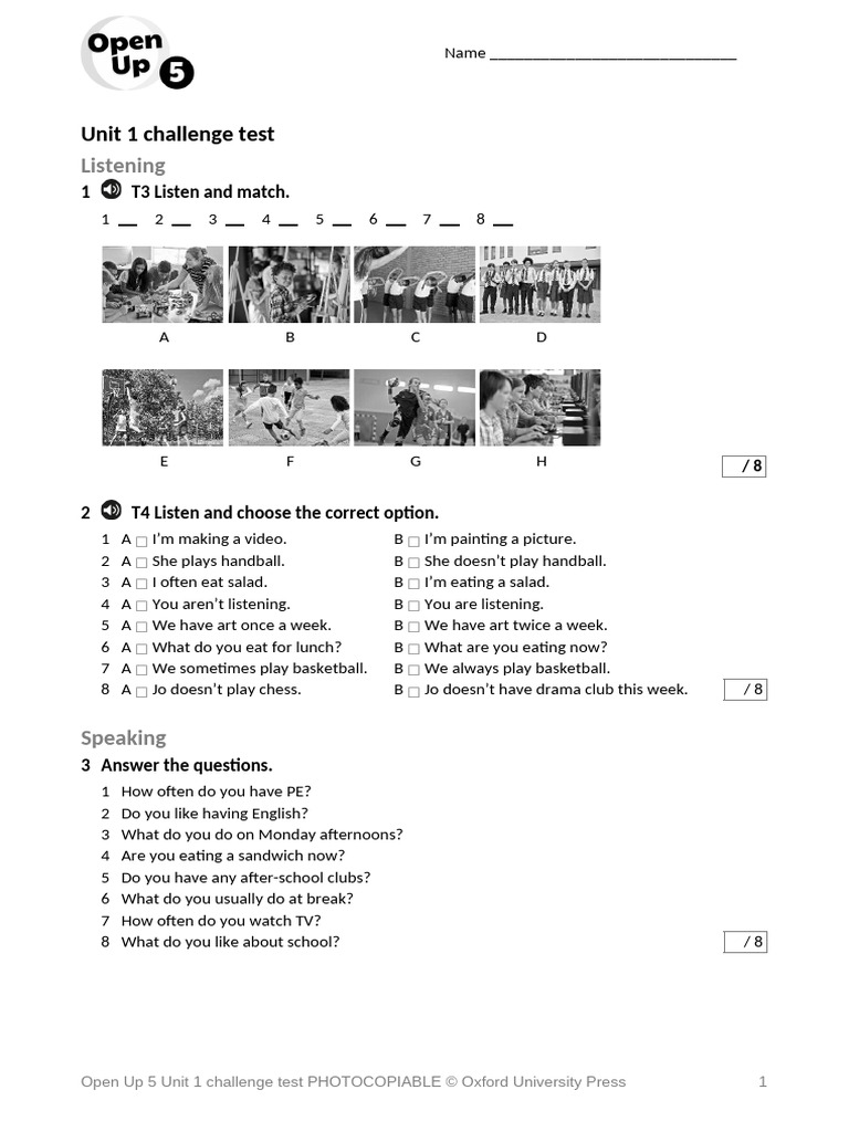 Open Up 5 Unit 1 Challenge Test | PDF