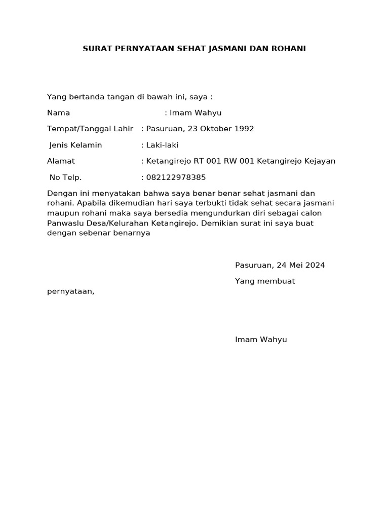 Surat Pernyataan Sehat Jasmani Dan Rohani | PDF