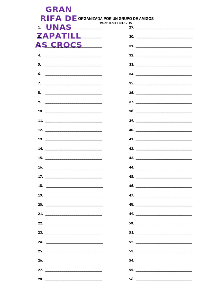 Rifa 60 Numeros Crocs | PDF