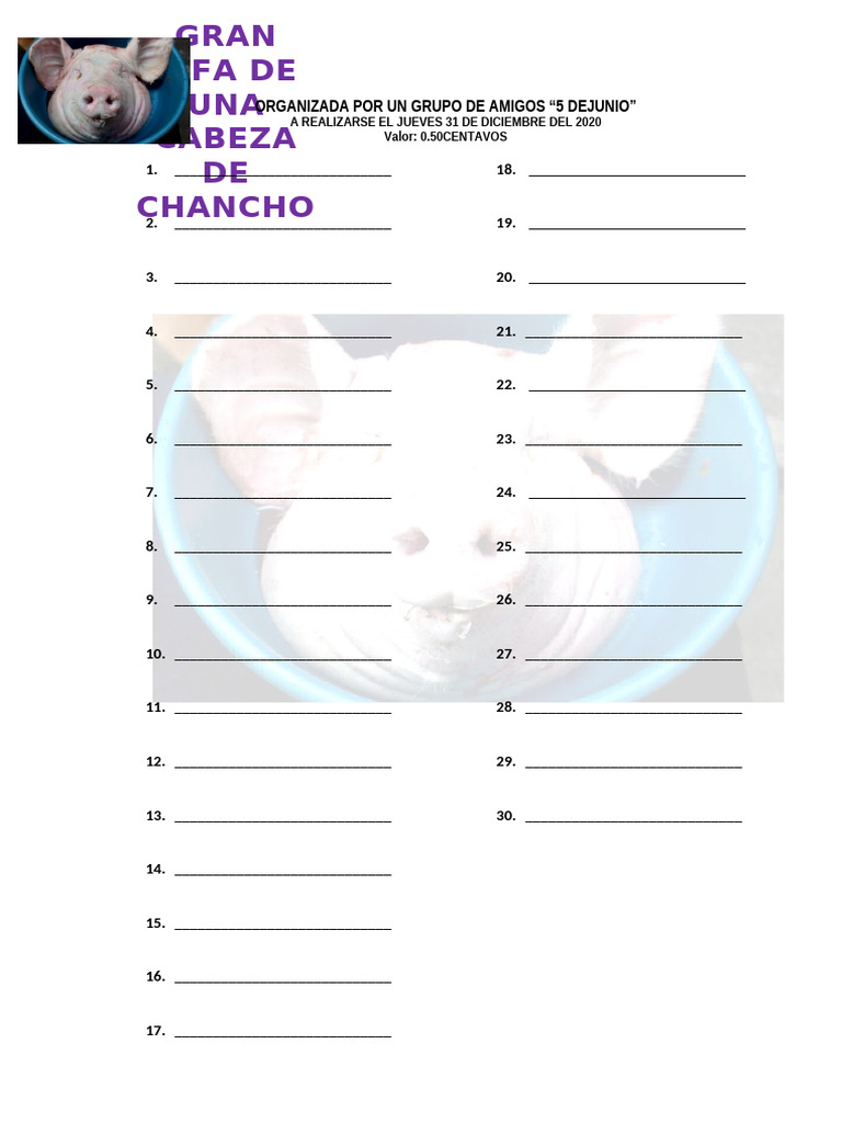 RIFA 60 NUMEROS CABEZA DE CHANCHO | PDF