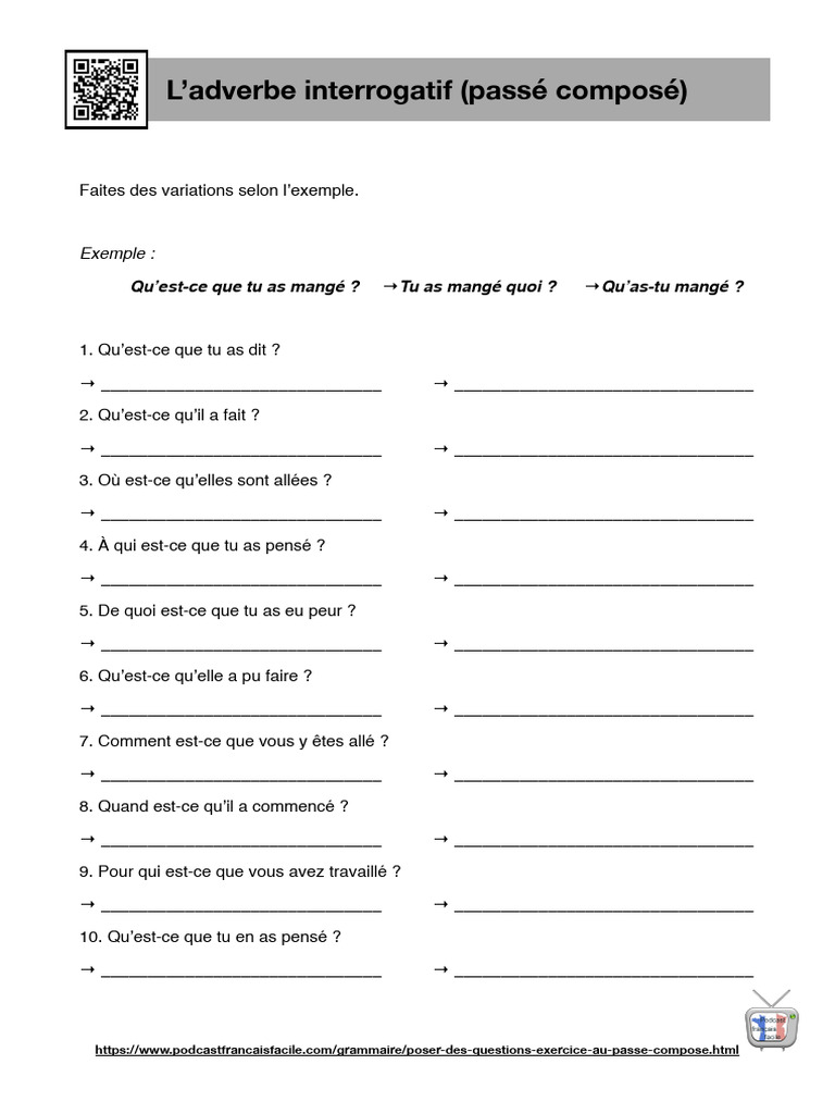 Adverbe Interrogatif Exercice en Francais Facile Passe Compose | PDF