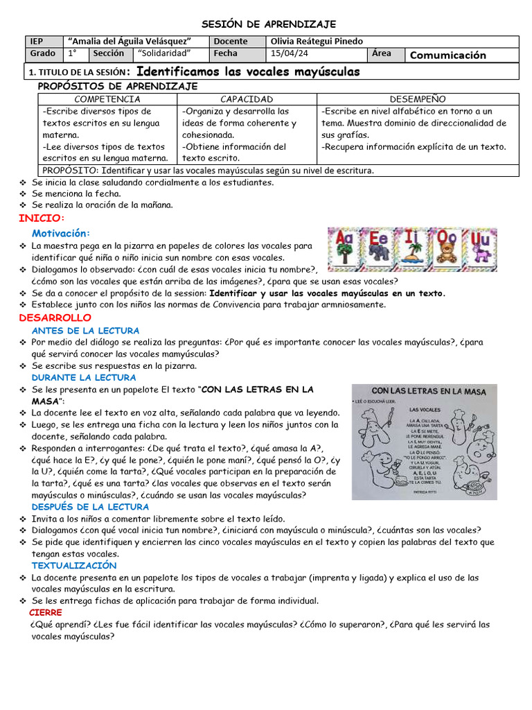 Sesión de Aprendizaje Reforzamos Las Vocales Mayúsculas | PDF