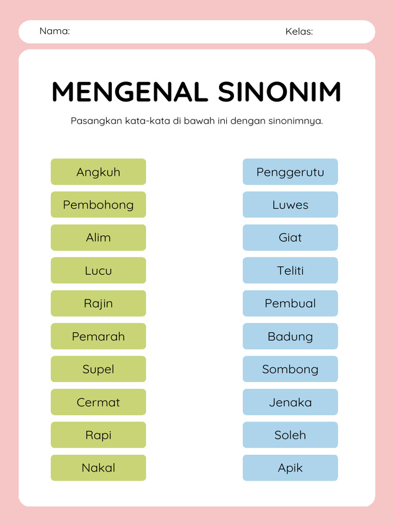 Mengenal Sinonim Lembar Kerja Merah Muda Hijau Biru Sederhana | PDF