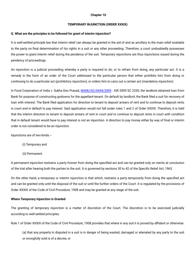 Code of Civil Procedure - Chapter 10 - Temporary Injunction (Order Xxxix) | PDF