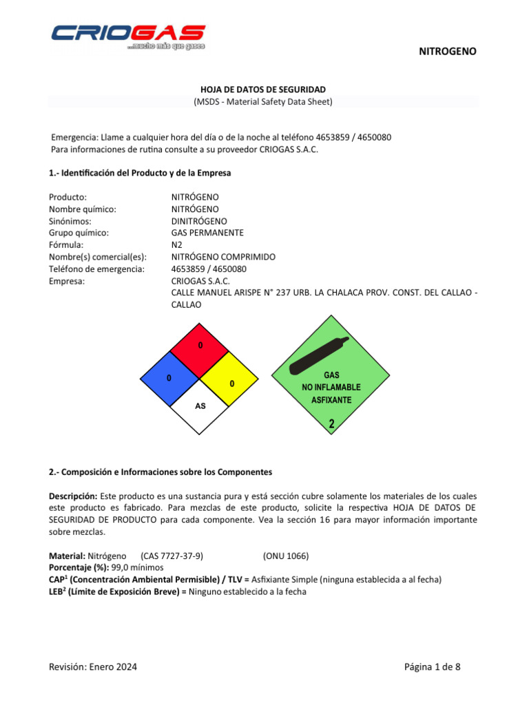 MSDS Nitrogeno Criogas 2024 | PDF