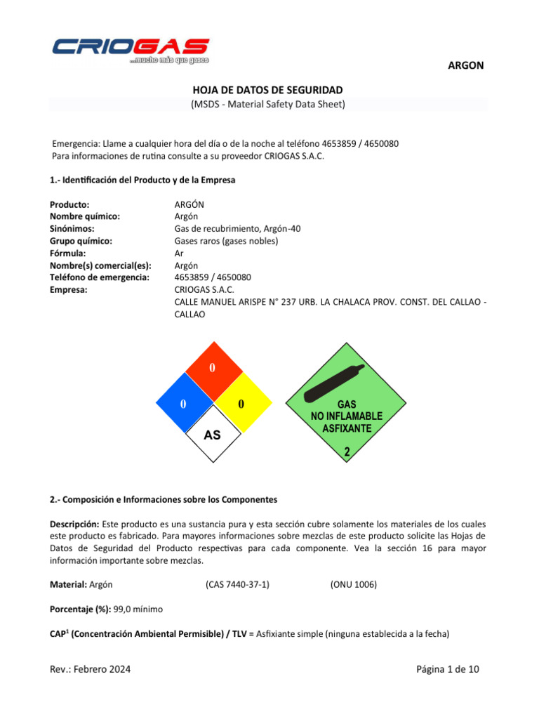 MSDS_ARGON_CRIOGAS_2024 | PDF