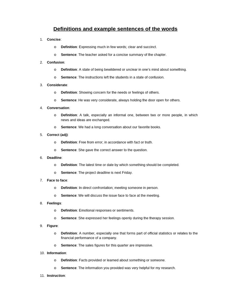 Definitions and Example Sentences of The Words | PDF