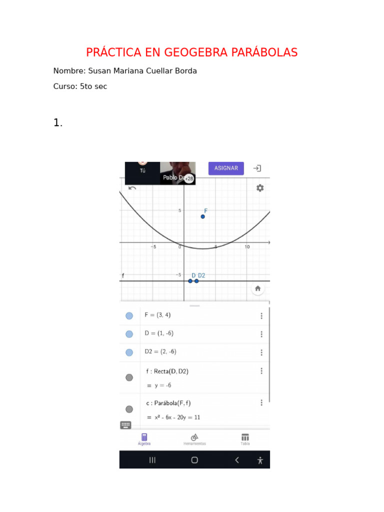 Práctica Geogebra Parábola | PDF