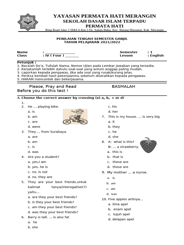 Soal Pts Ganjil Sdit 2021 Kls 4 | PDF