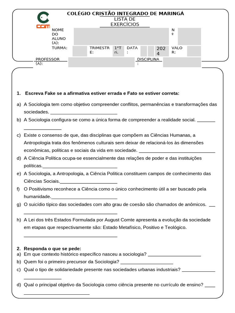 Atividade Revisional Sociologia 1EM 1° Tri | PDF