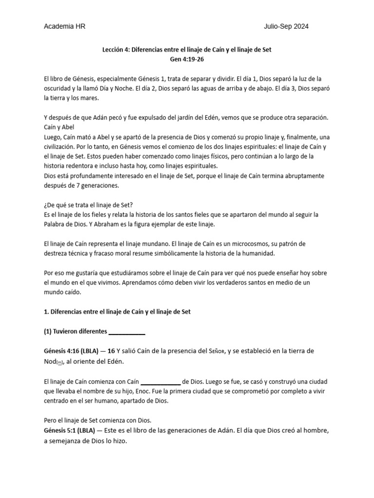 Lección 4 Diferencias Entre El Linaje de Caín y El Linaje de Set ...