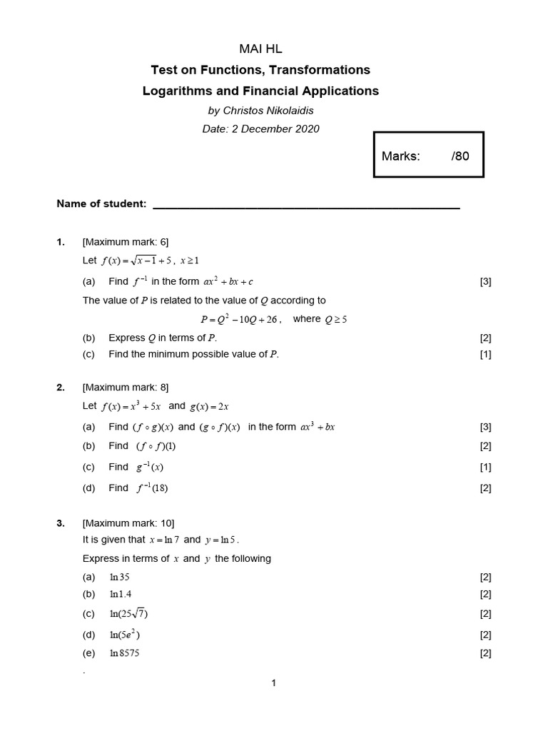 TEST 2 Functions, Transformations, Logarithms, Financial | PDF