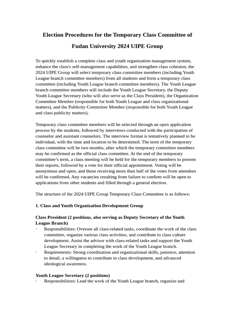 Election Procedures For The Temporary Class Committee of Fudan ...