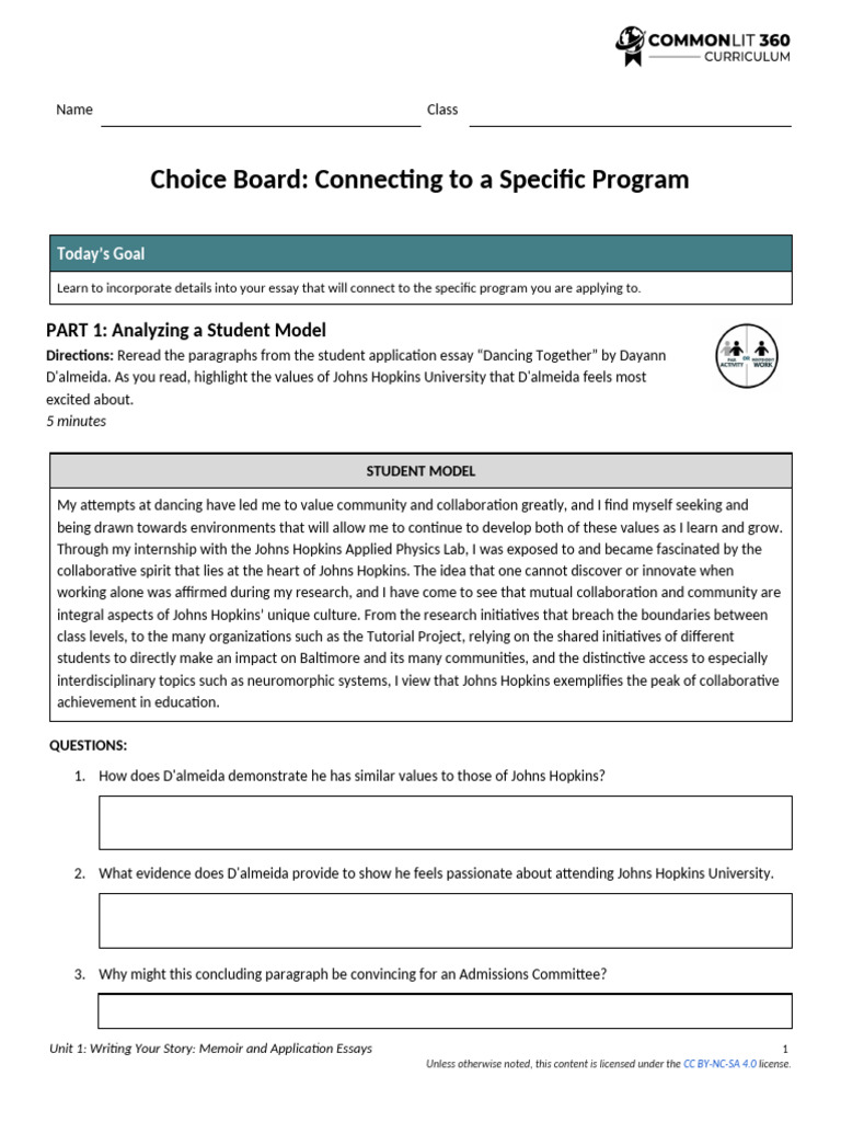 Choice Board_ Connecting to a Specific Program | PDF