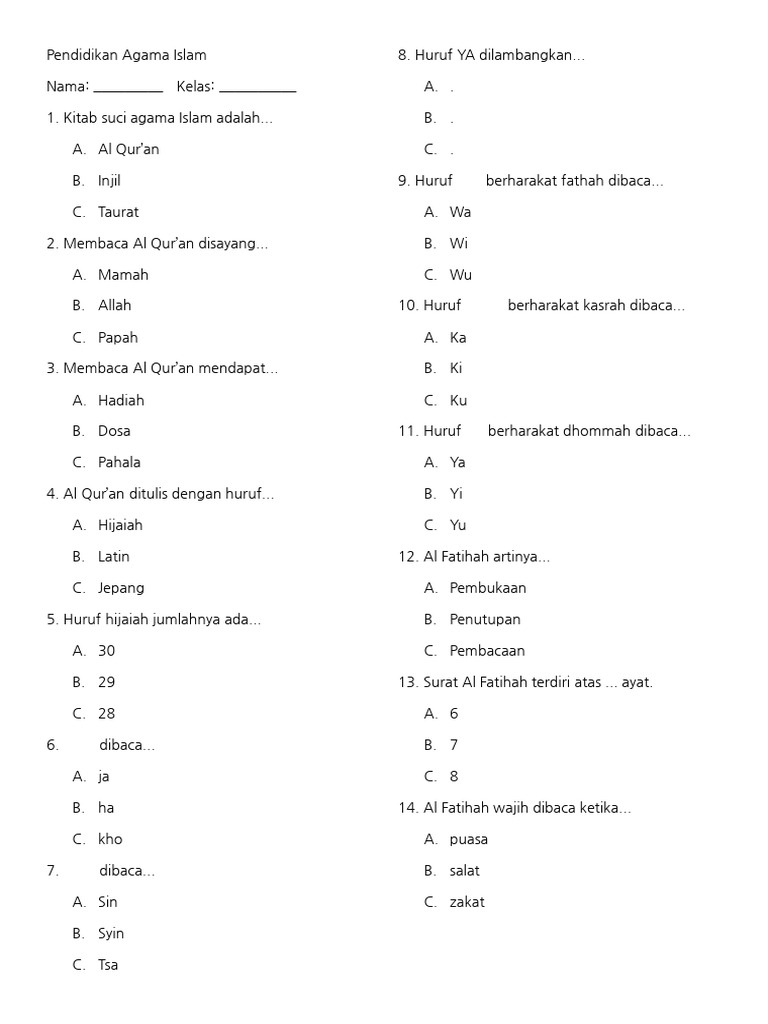 Pai Asts Semester 1 Kls 1 | PDF