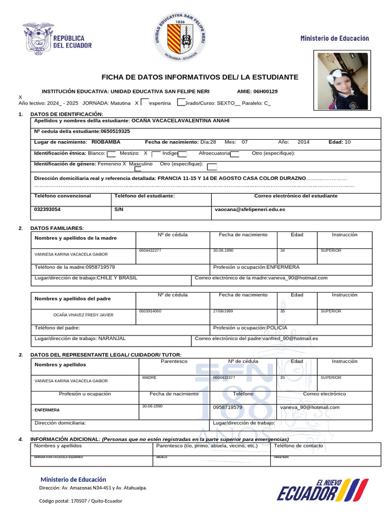 Ficha de Datos Informativos 2024-2025E1 VALE | PDF