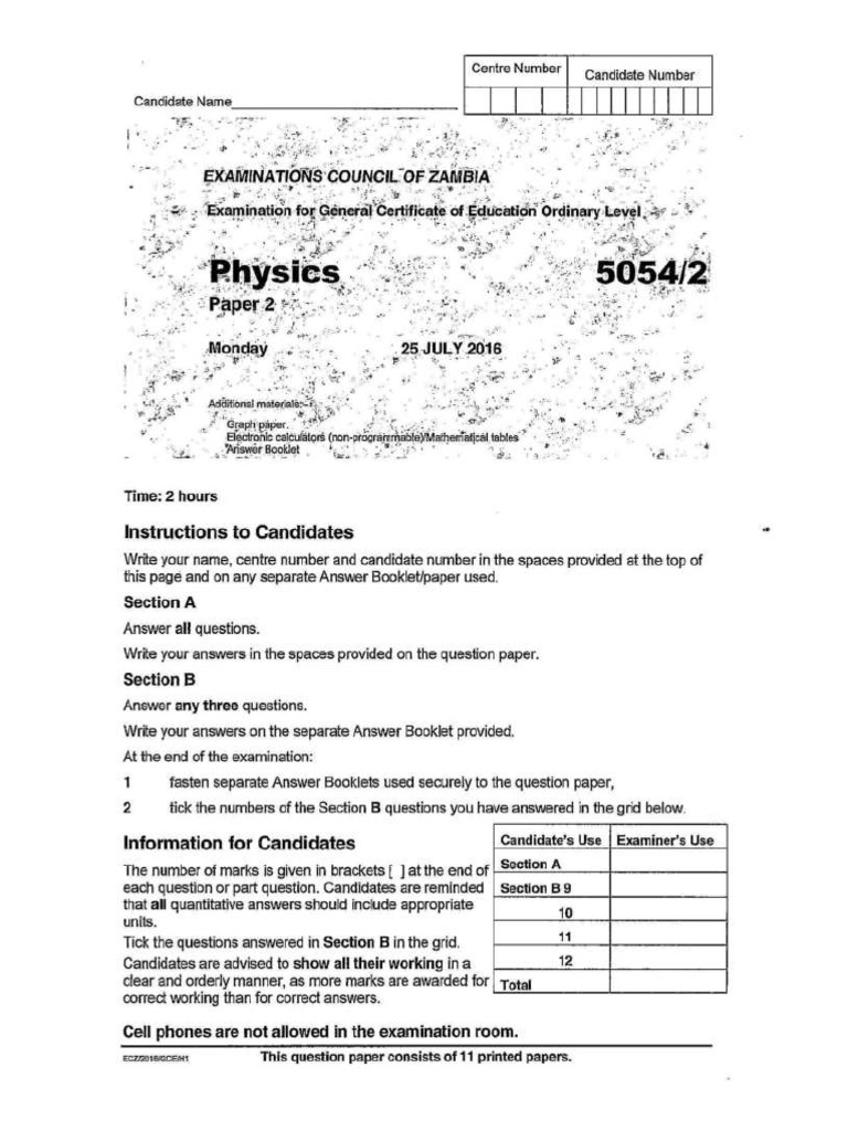 ECZ Grade 12 Physics p2 2016 Gce | PDF