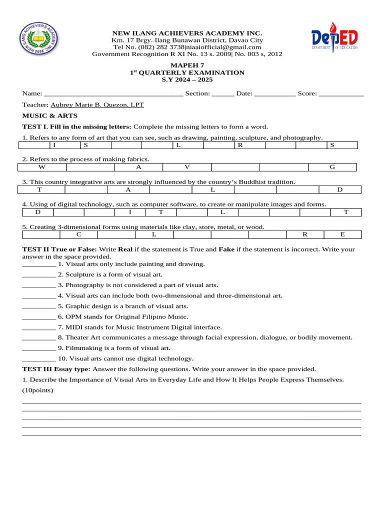 Mapeh 7 1st Quarterly Exam | PDF | Cognition | Art