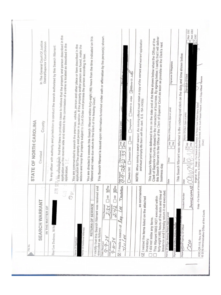 CCSO Search Warrant 1 - Roy Lee Dedmon (Edited) | PDF