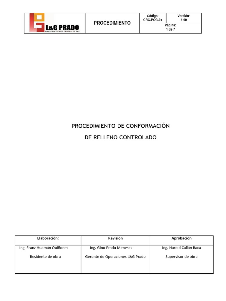 Procedimiento Relleno Controlado | PDF