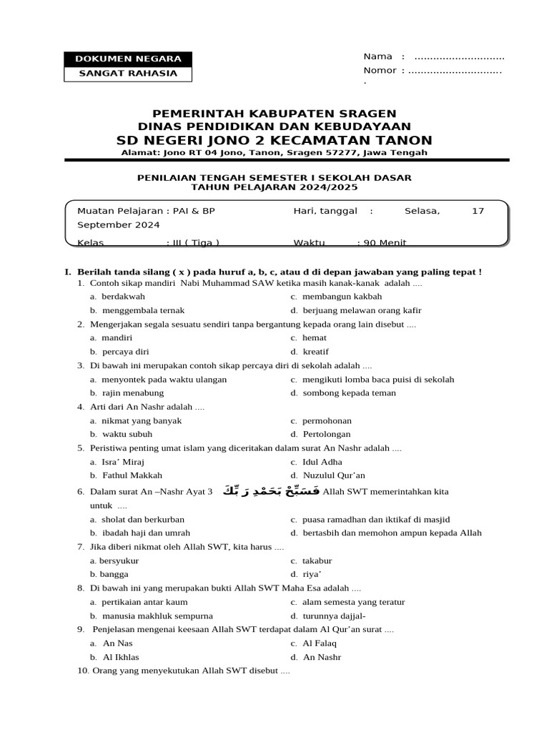 Soal PTS Pai Kelas 3 Ganjil | PDF