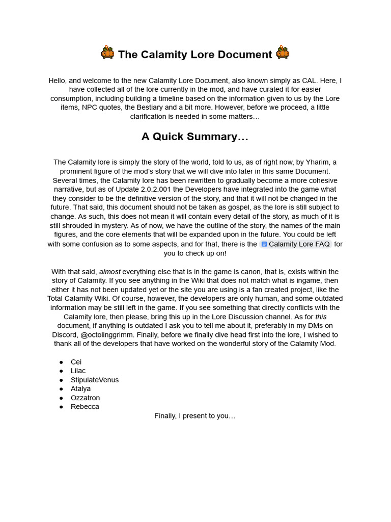 The Calamity Lore Document (2.0.4.001) | PDF