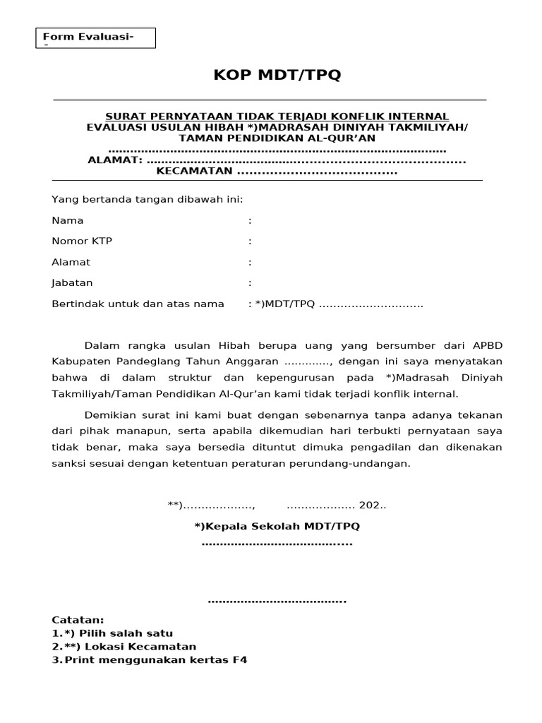 Form Evaluasi-1.e, 1.f Dan 1.F - Untuk Di Isi Oleh MDT & TPQ | PDF