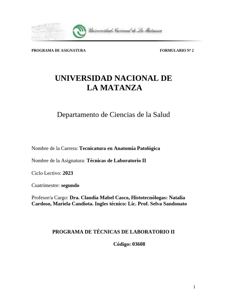 Programa Tecnica de Laboratorio 2 Unlam Correcto | PDF | Medical Specialties | Microbiology