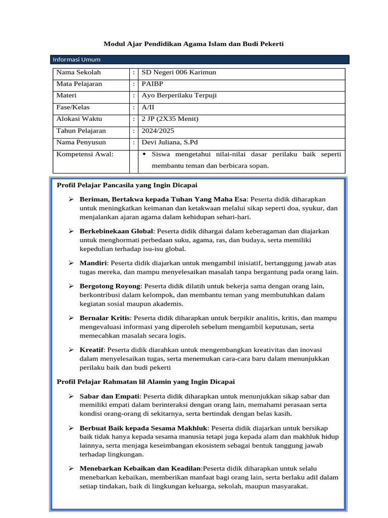 Modul Ajar PBL Perilaku Terpuji | PDF