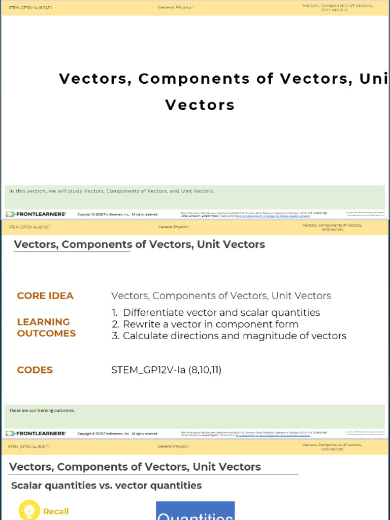 Lesson 4 Vectors Components of Vectors Unit of Vectors Student | PDF