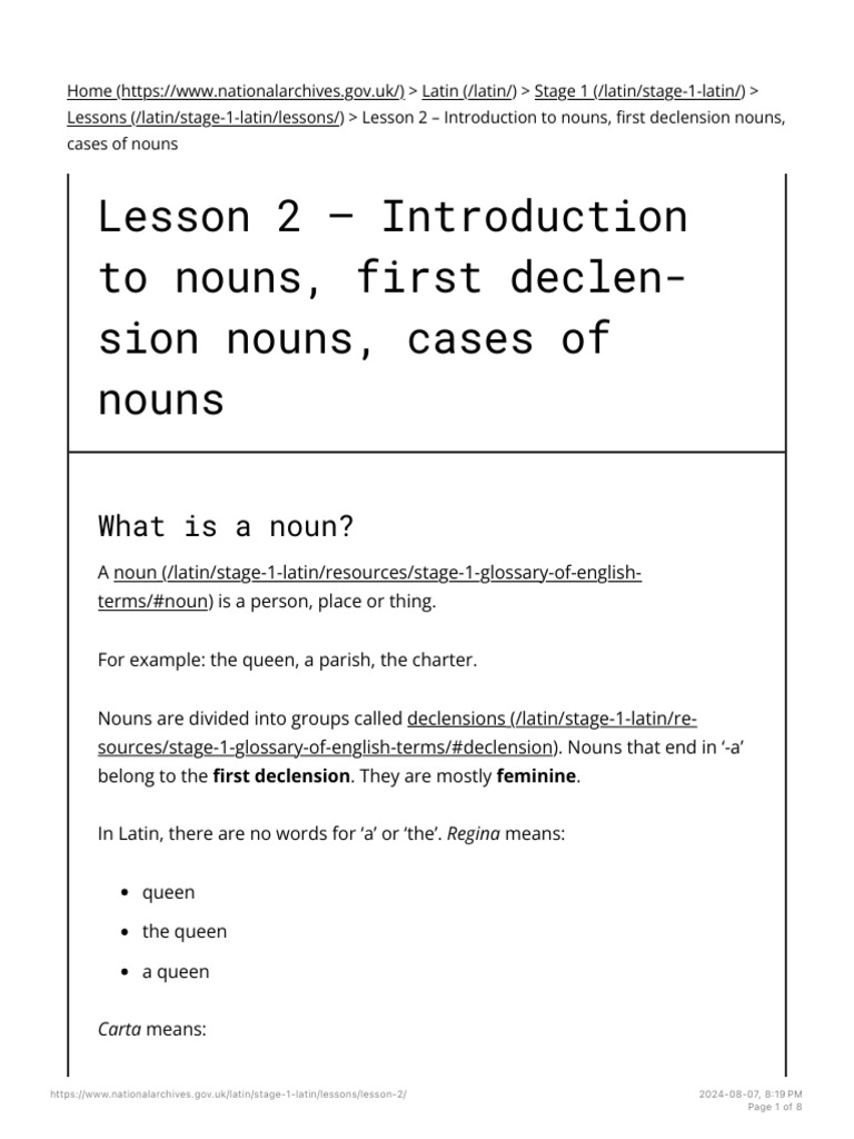 Lesson 2 - Introduction to nouns, first declension nouns, cases of ...