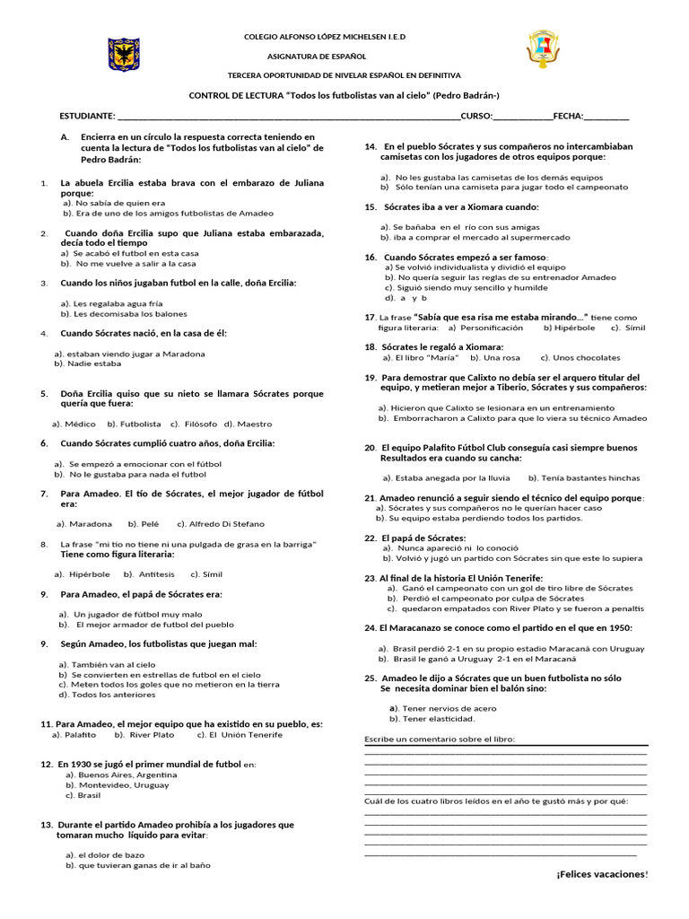 Control de Lectura Todos Los Futbolistas Van Al Cielo-Parte I-Pedro Badrán | PDF