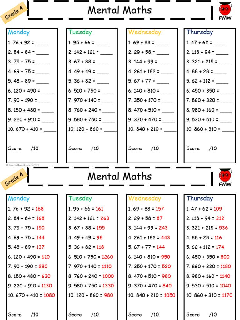 Grade 4 Mental Maths Addition Worksheet 1 | PDF | Teaching Methods ...