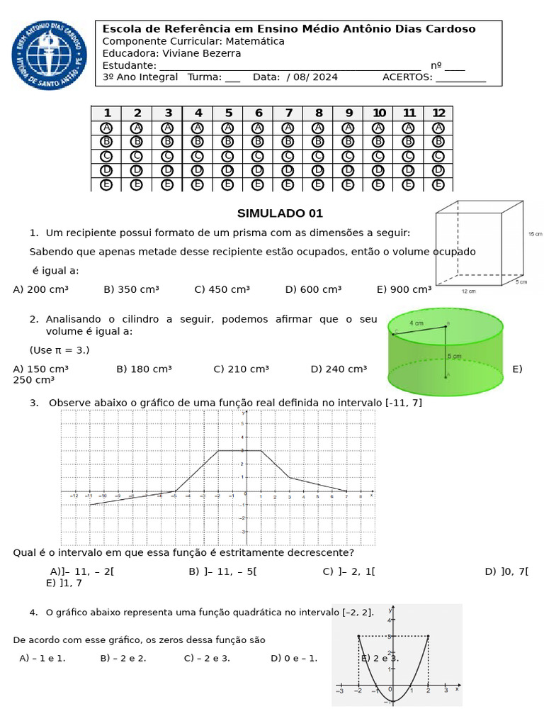 Simulado 01 - Matemática - 2024 | PDF