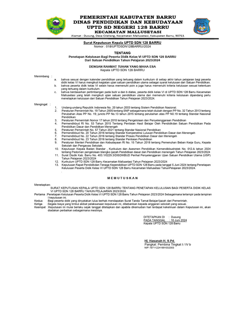 Surat Keputusan Penetapan Kelulusan Dan Berita Acara Kelas 6 SD | PDF