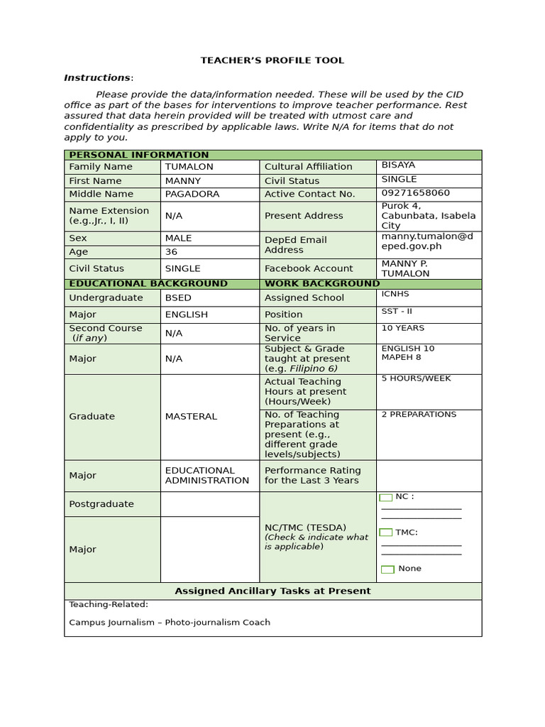 Revised Teachers Profile Tool | PDF