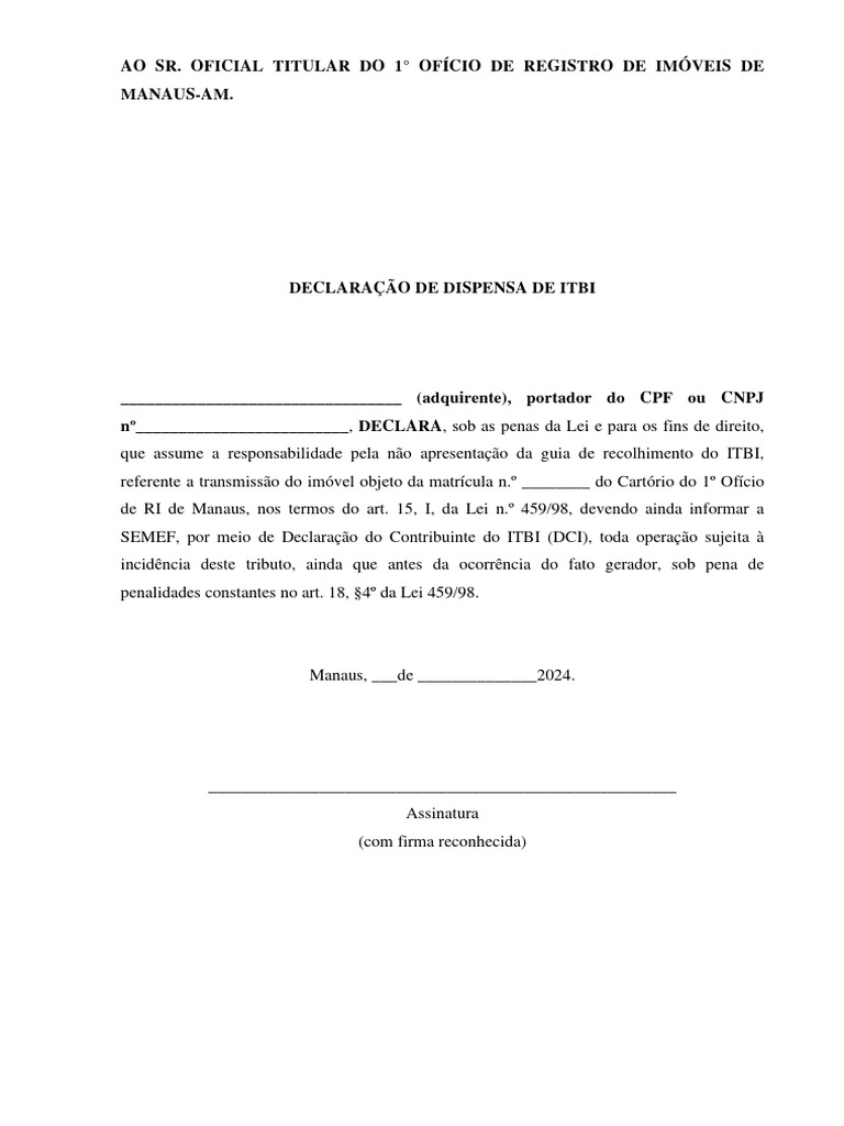 DECLARACAO DE DISPENSA DE ITBI | PDF DECLARACAO DE DISPENSA DE ITBI | PDF